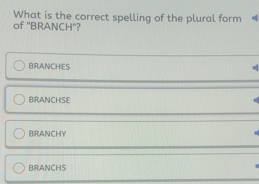 Solved: What is the correct spelling of the plural form of 'BRANCH'? BRANCHES BRANCHSE BRANCHY ...