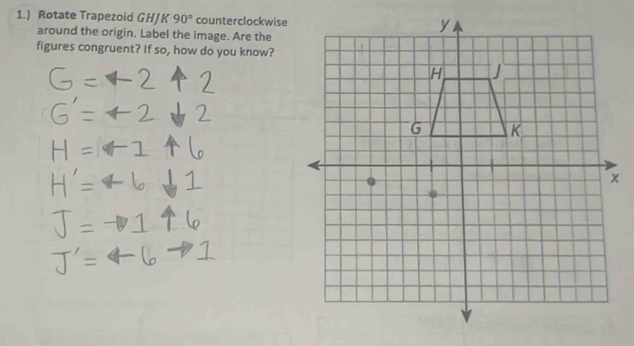 Solved: 1.) Rotate Trapezoid GHJK 90° counterclockwise around the ...