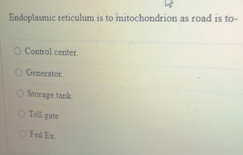 Solved: Endoplasmic reticulum is to mitochondrion as road is to ...