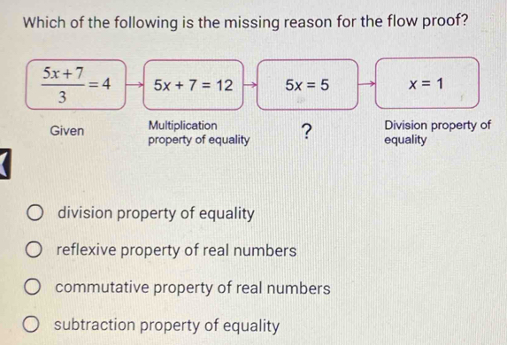 Solved: Which of the following is the missing reason for the flow proof ...