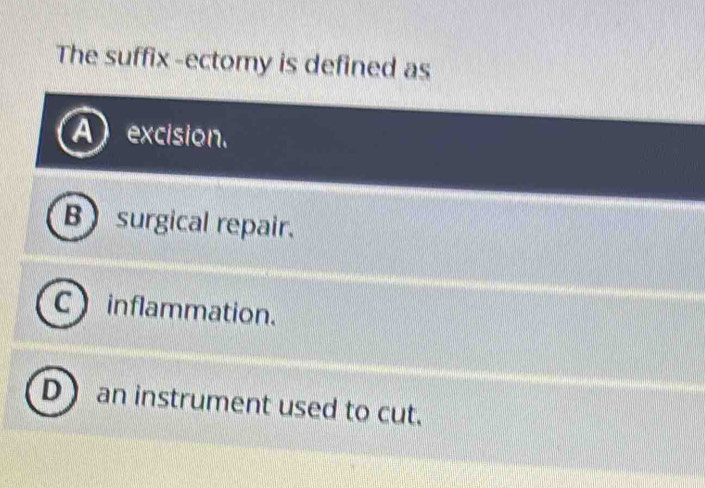 Solved: The suffix-ectomy is defined as A ) excision. B surgical repair ...