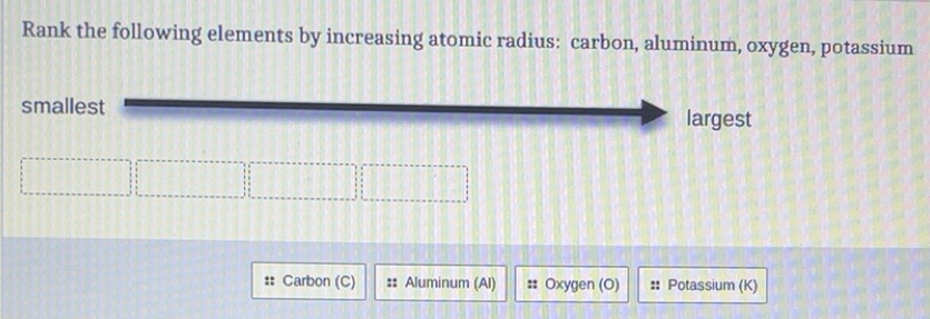 Solved: Rank the following elements by increasing atomic radius: carbon ...