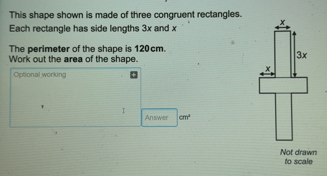 Solved: This shape shown is made of three congruent rectangles. Each ...