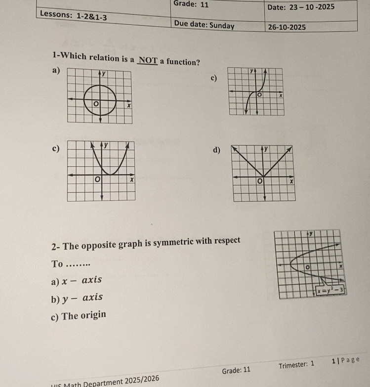 تم الحل:Grade: 11 Date: 23-10-2025 Lessons: 1-2&1-3 Due date: Sunday 26 ...