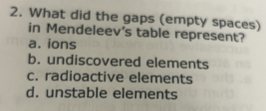 Solved: What did the gaps (empty spaces) in Mendeleev's table represent ...