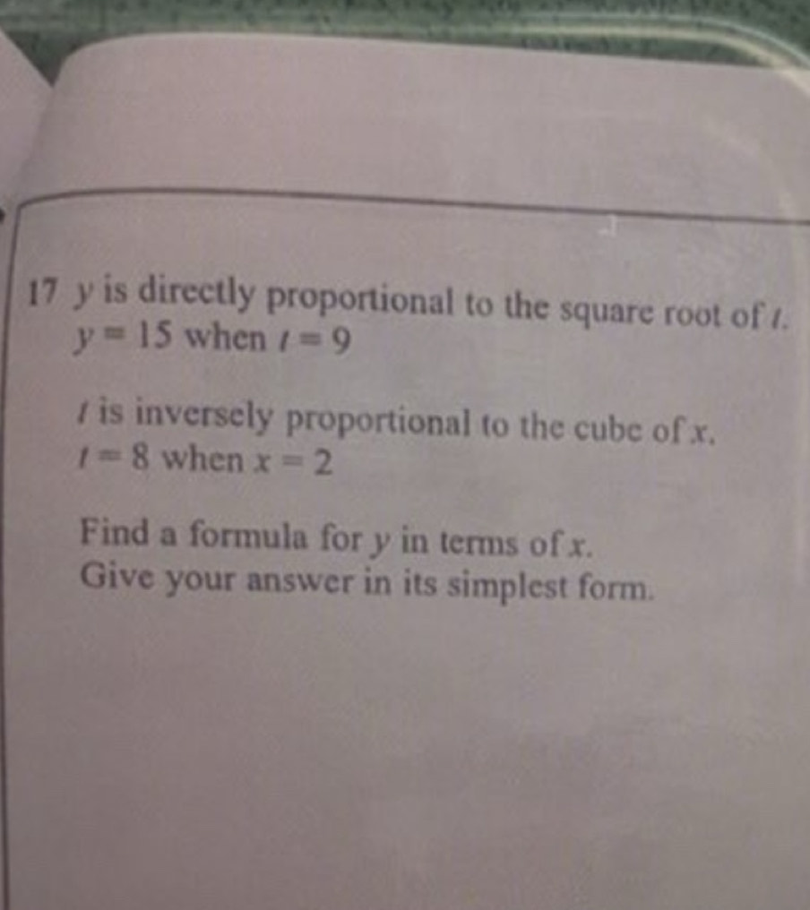 Solved: 17 y is directly proportional to the square root of . y=15 when ...