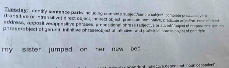 Solved: Tuesday: Identify sentence parts including complete subject ...