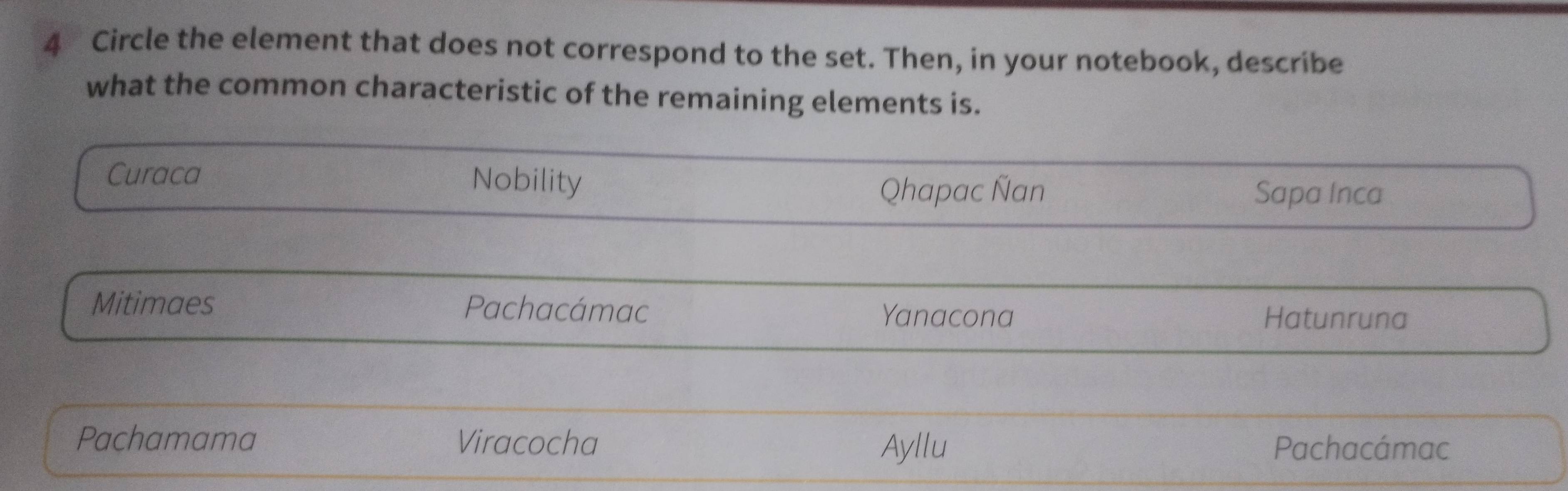 Resuelto:Circle the element that does not correspond to the set. Then ...