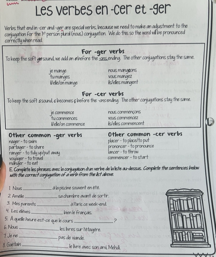 Solved: Les verbes en -cer et -ger Verbs that end in -cer and -ger are ...