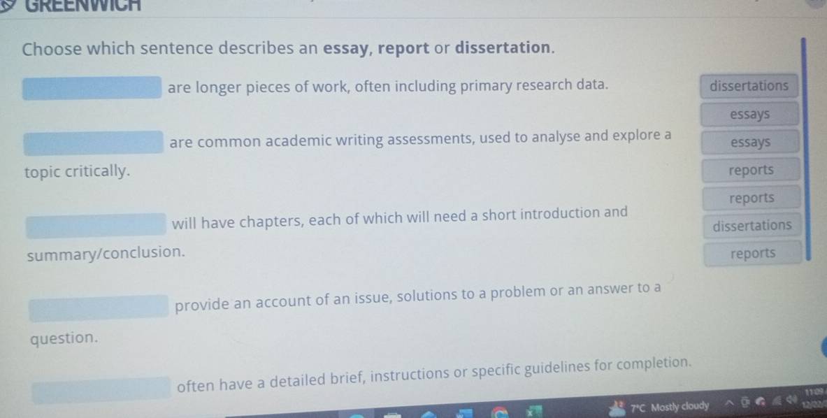 Solved: GREENWICH Choose which sentence describes an essay, report or ...