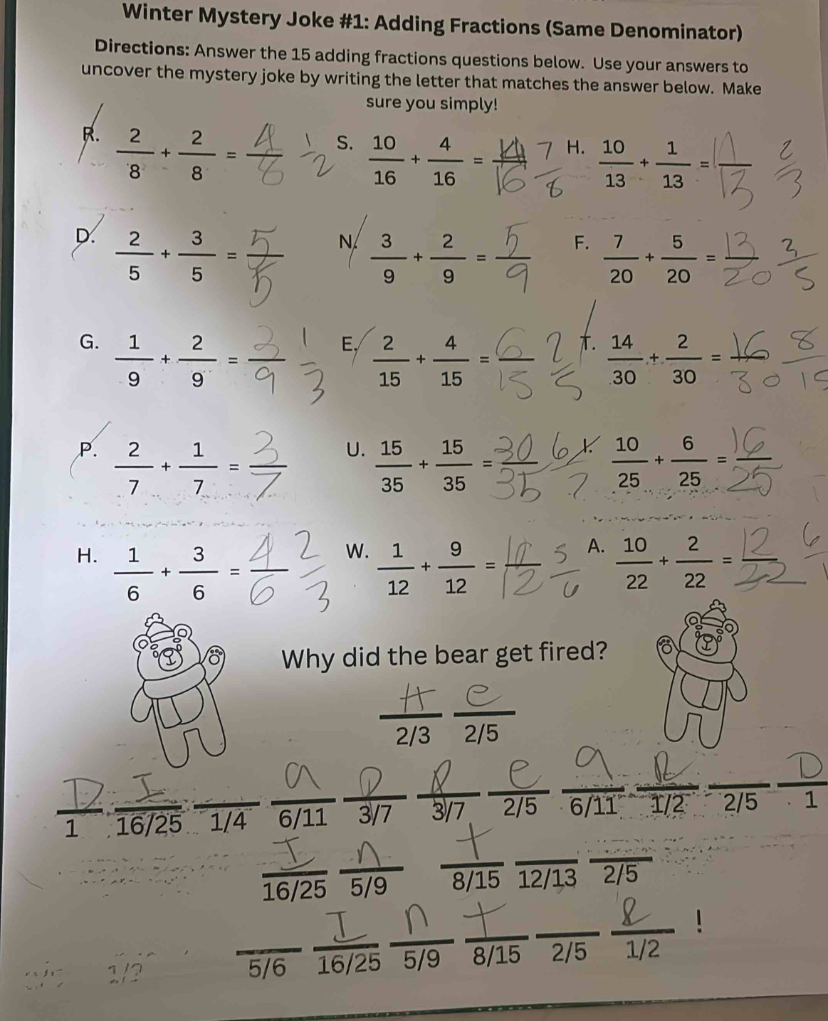 Solved: Winter Mystery Joke #1: Adding Fractions (Same Denominator ...