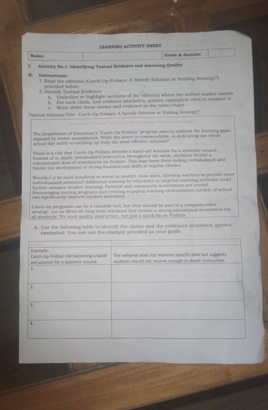 Solved: LEARNING ACTIVITY SHEET Name: Grade & Section: I. Activity No.1 ...