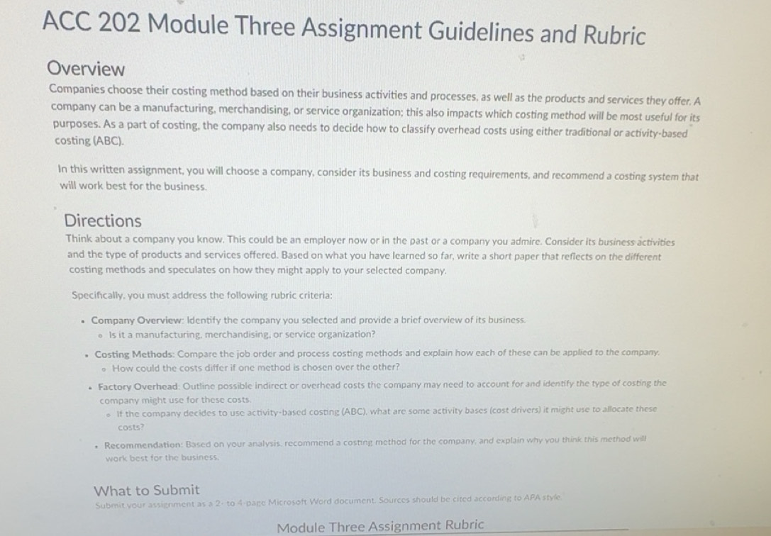 Solved: ACC 202 Module Three Assignment Guidelines and Rubric Overview ...