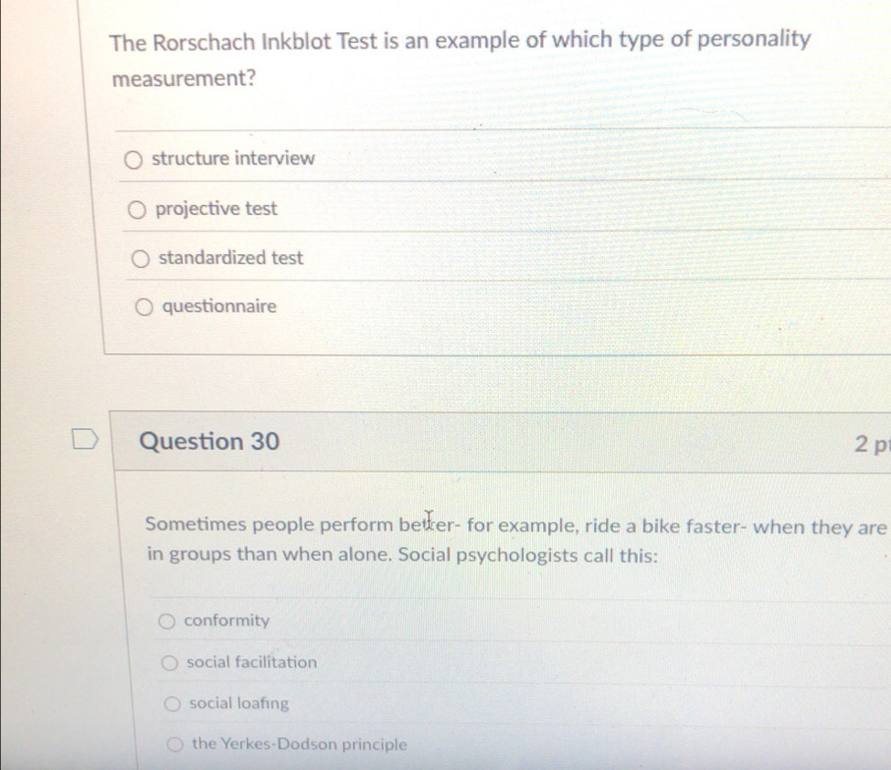 Solved: The Rorschach Inkblot Test is an example of which type of ...