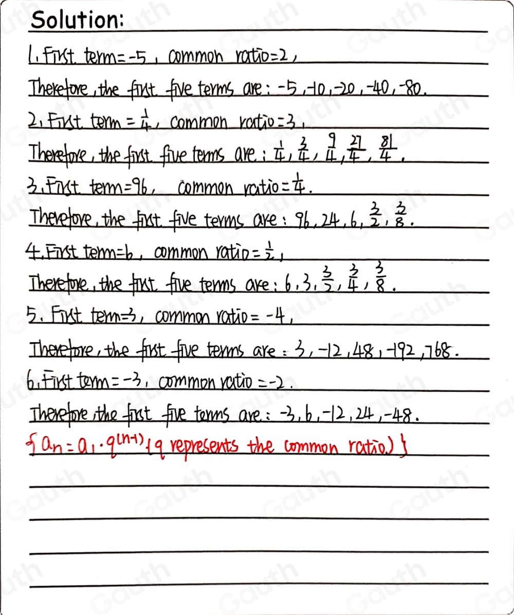 Solved: Write the first five terms of the geometric sequences, using the given first terms and ...