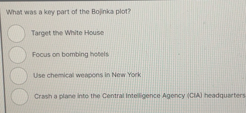 Solved: What was a key part of the Bojinka plot? Target the White House ...