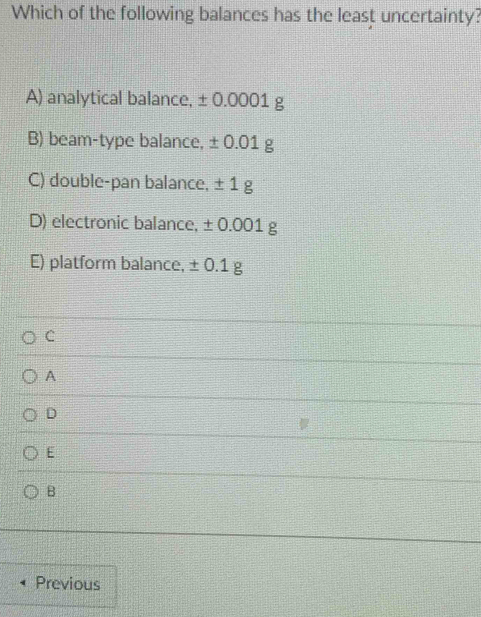 Solved: Which of the following balances has the least uncertainty? A ...