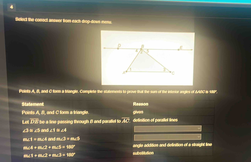 Solved: Select the correct answer from each drop-down menu. Points A, B, and C form a triangle ...