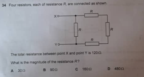 Solved: Four resistors, each of resistance R, are connected as shown. The total resistance ...