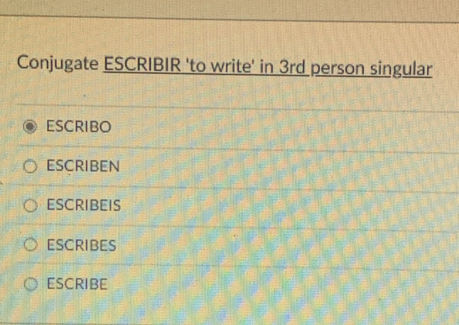 Solved: Conjugate ESCRIBIR 'to write' in 3rd person singular ESCRIBO ...