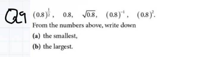 Solved: (0.8)^ 1/2 , 0.8, sqrt(0.8), (0.8)^-1, (0.8)^2. From the ...