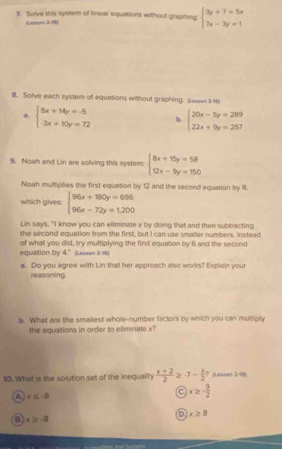 Solved: Solve this system of linear equations without graphing ...