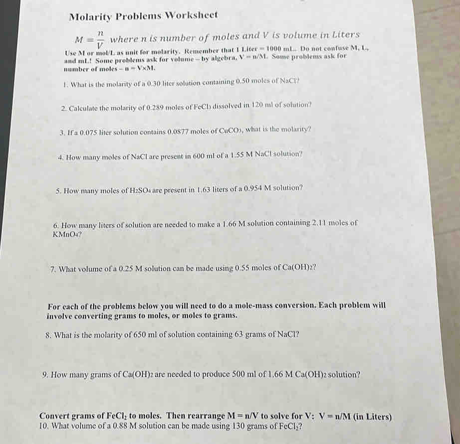 Solved: Molarity Problems Worksheet M= n/V where n is number of moles ...