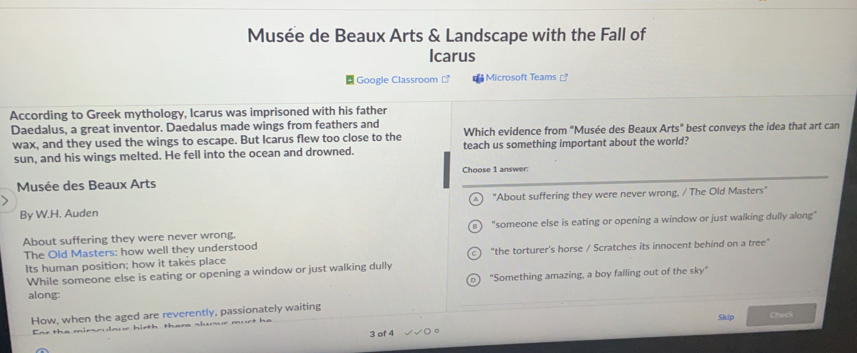 Solved: Musée de Beaux Arts & Landscape with the Fall of Icarus ...