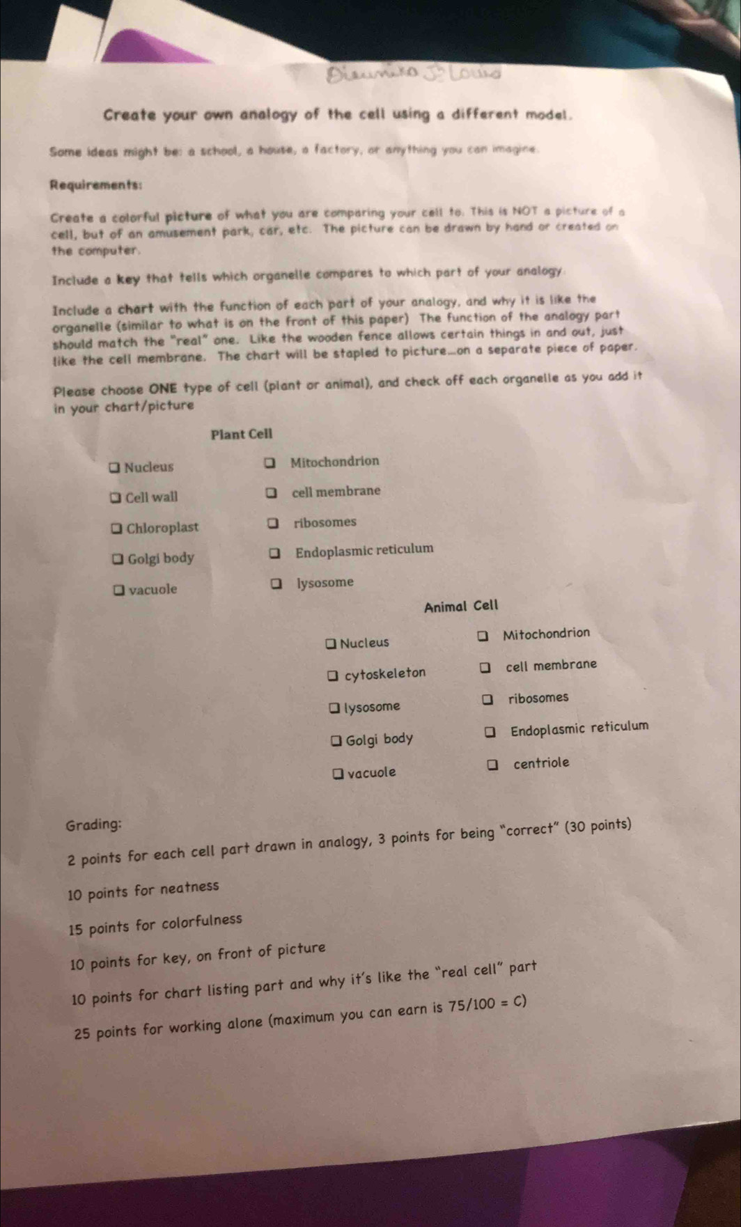 Solved: Create your own analogy of the cell using a different model ...