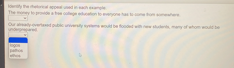 Solved: Identify the rhetorical appeal used in each example. The money ...