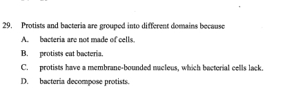 Solved: Protists and bacteria are grouped into different domains becausc A. bacteria are not ...