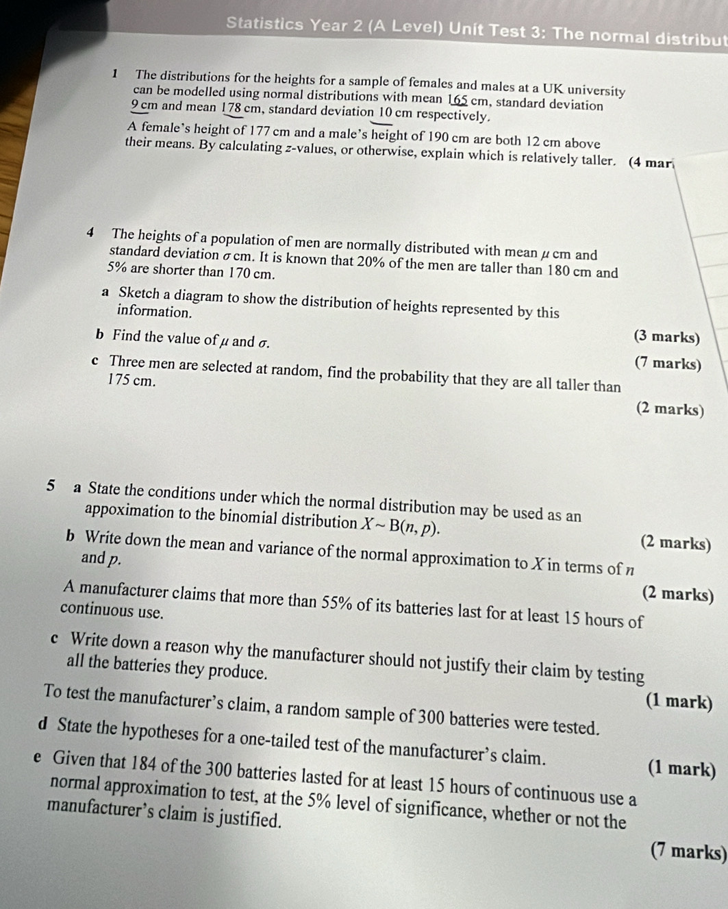 Solved: Statistics Year 2 (A Level) Unit Test 3: The normal distribut 1 ... Solved: Statistics Year 2 (A Level) Unit Test 3: The normal distribut 1 ...