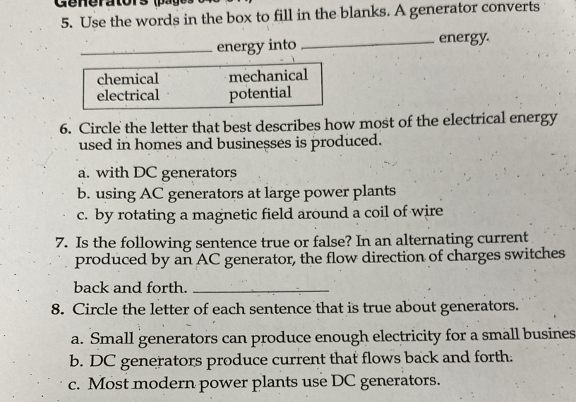 Solved: nerators 5. Use the words in the box to fill in the blanks. A ...