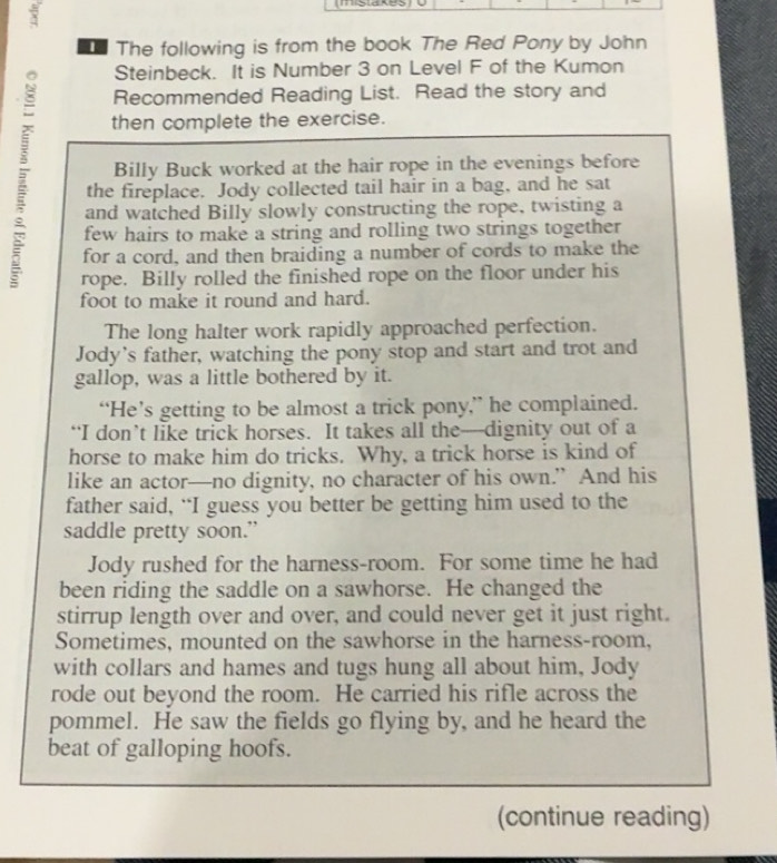 Solved: a The following is from the book The Red Pony by John Steinbeck ...