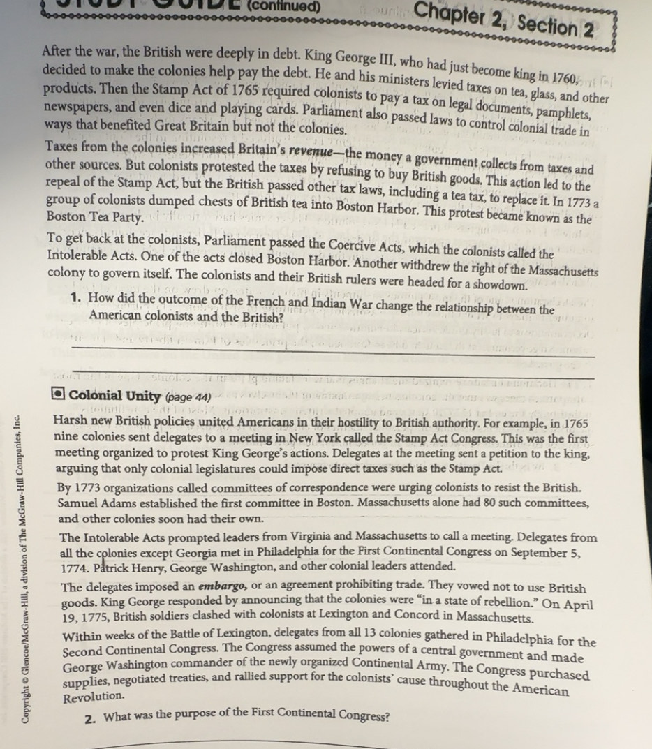 Solved: (continued) Chapter 2, Section 2 After the war, the British ...