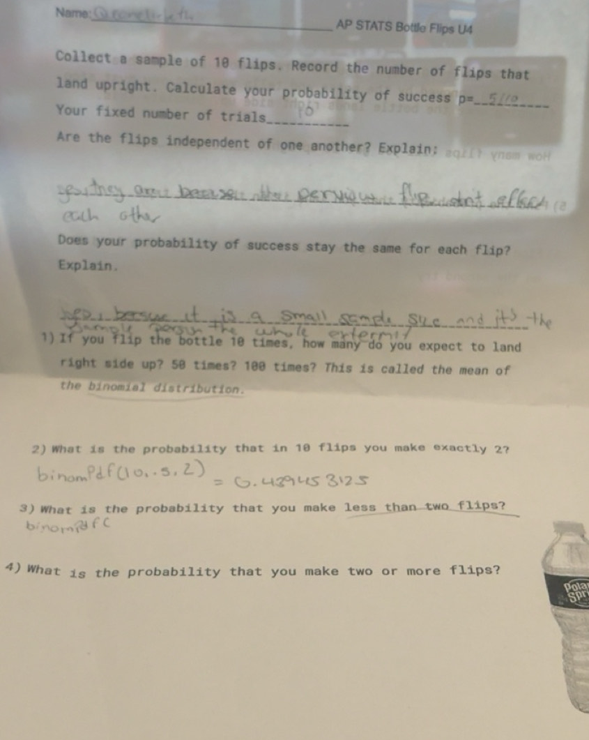 Solved: Name:_ AP STATS Bottle Flips U4 Collect a sample of 10 flips ...