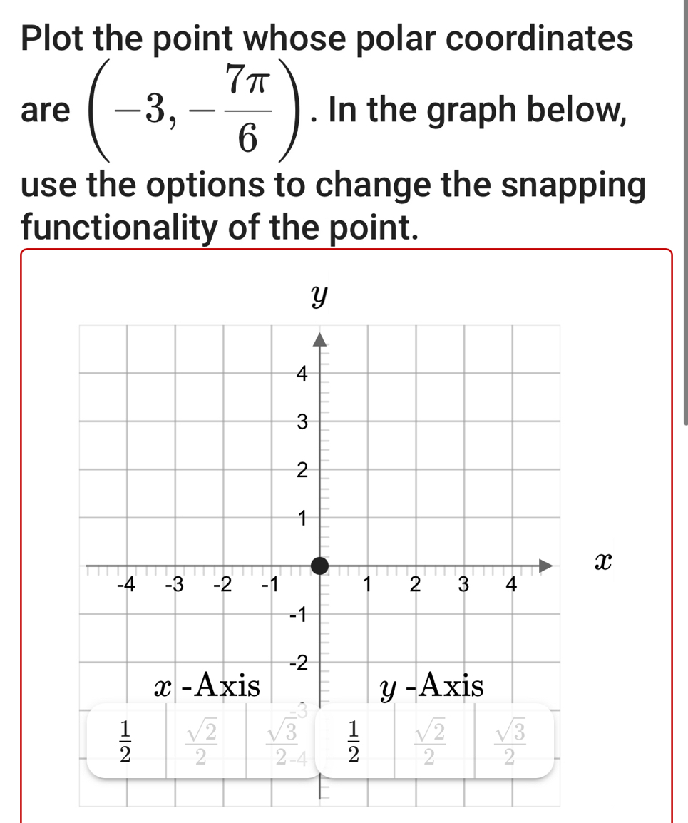 Solved: Plot the point whose polar coordinates are (-3,- 7π /6 ). In ...