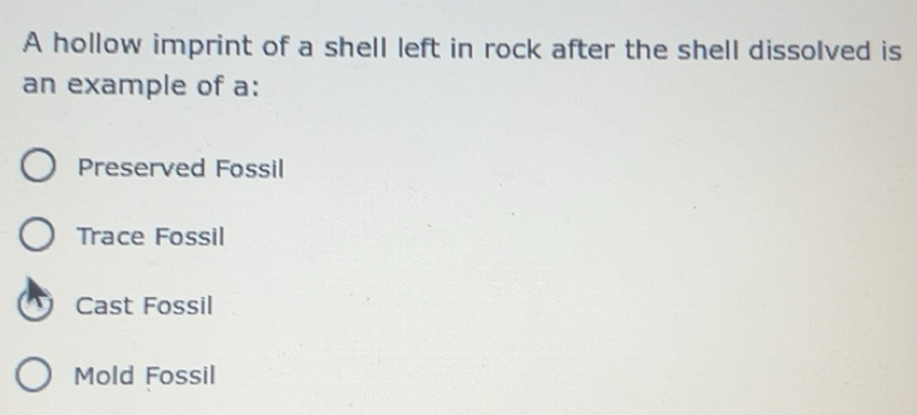 Solved: A hollow imprint of a shell left in rock after the shell ...