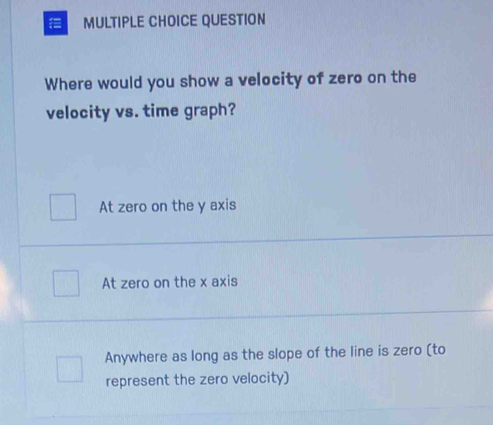 Solved: QUESTION Where would you show a velocity of zero on the ...