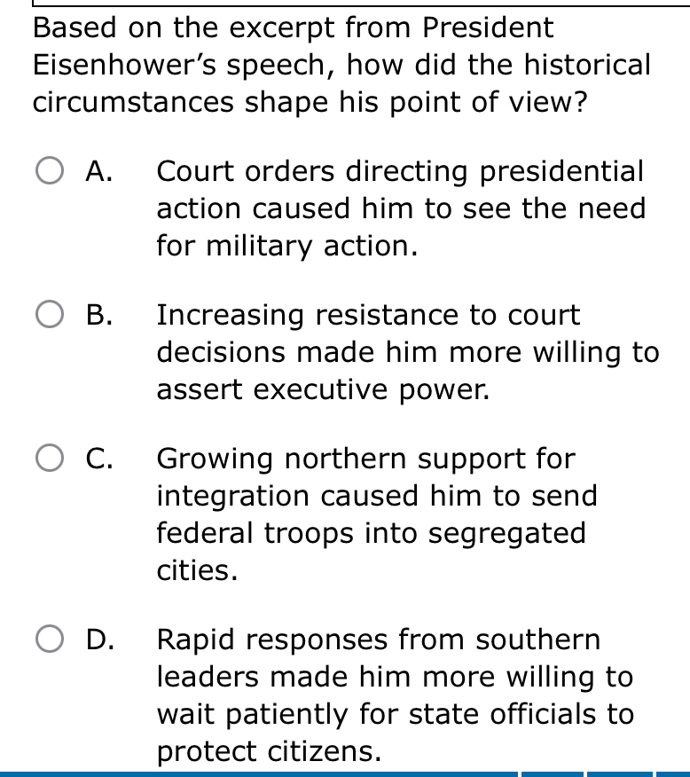 Solved: Based on the excerpt from President Eisenhower’s speech, how ...