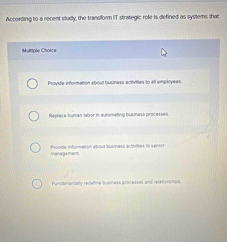 Solved: According to a recent study, the transform IT strategic role is ...
