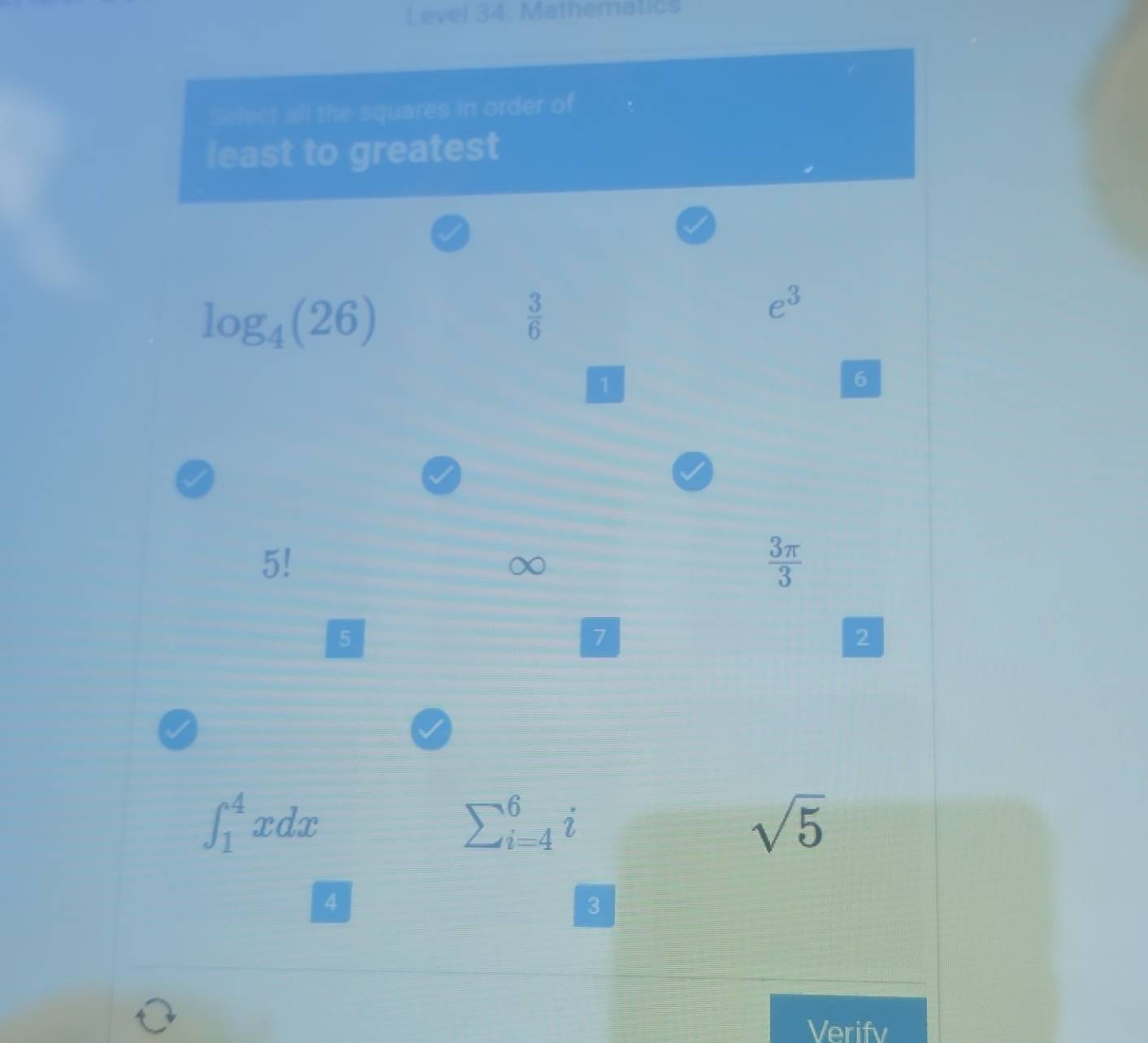 Solved: Level 34. Mathematics Select all the squares in order of least ...