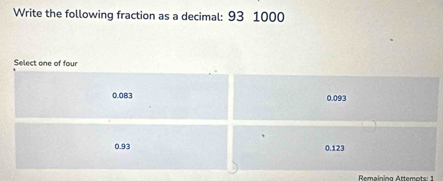 Solved: Write the following fraction as a decimal: 93 1000 Select one ...