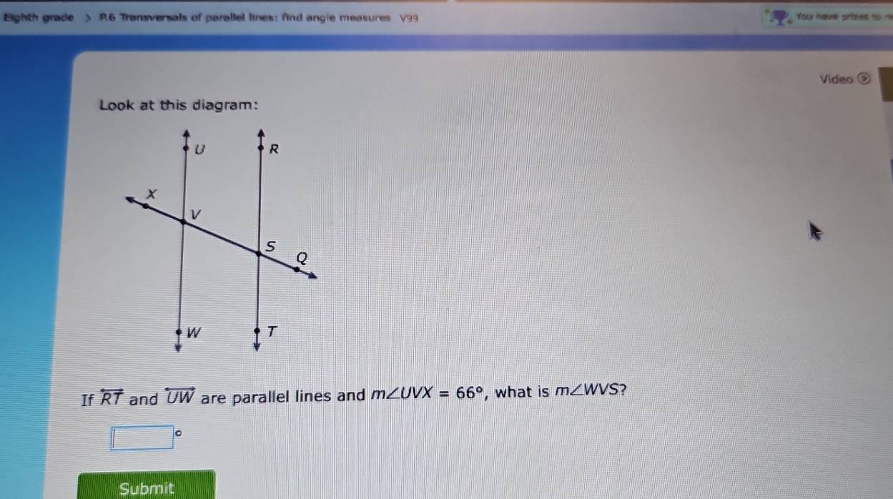 Solved: Eighth grade > P.6 Transversals of parallel lines: find angie ...