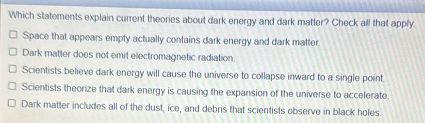 Solved: Which statements explain current theories about dark energy and ...