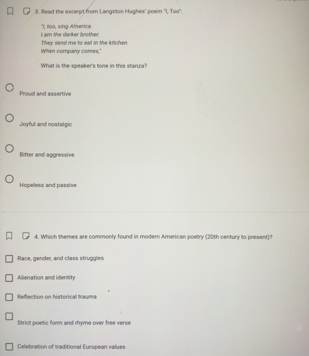 Solved: Read the excerpt from Langston Hughes’ poem "I, Too": "I, too ...