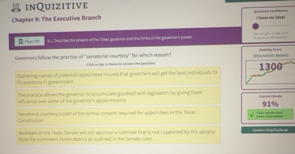 Solved: inQuizitive Chapter 9: The Executive Branch Question Confidence ...