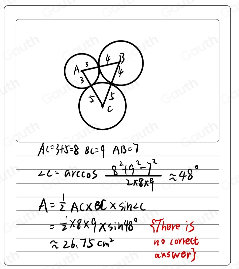 Solved: Three circles with radii 3.4 and 5 inches are tangent to each other externally. Find the ...
