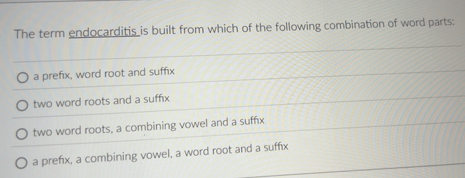 Solved: The term endocarditis is built from which of the following ...