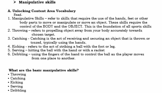 Solved: Manipulative skills A. Unlocking Content Area Vocabulary Read ...